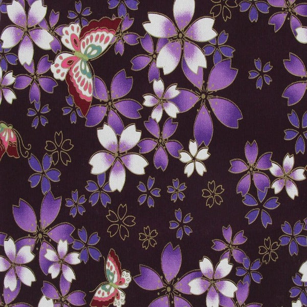 PO331 Japanese Floral Butterflies Metallic 100% Cotton, 58" (147cm) Wi ...